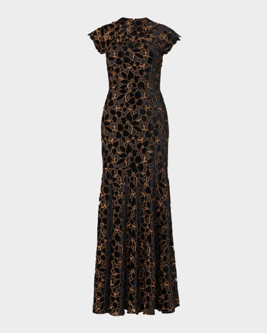 Shoshanna Velvet Floral-Lace Cap-Sleeve Gown | Neiman Marcus