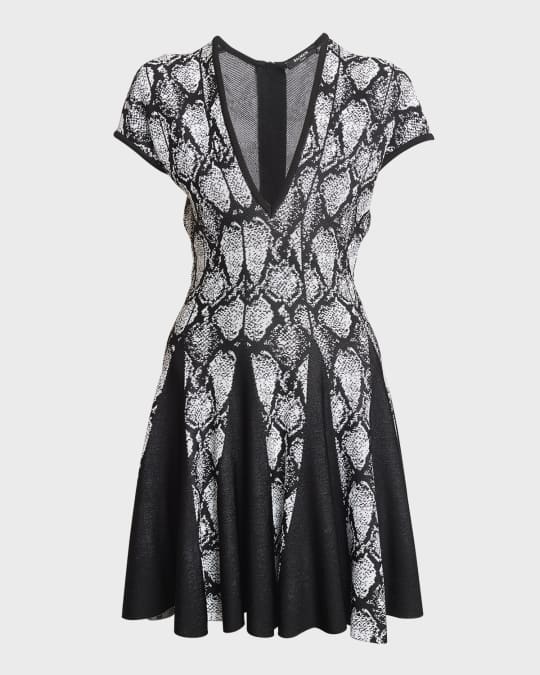 Balmain Short-Sleeve Python Jacquard-Knit Skater Dress | Neiman Marcus
