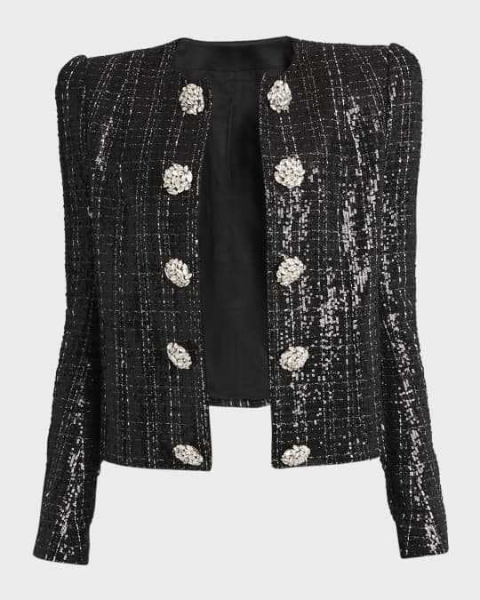 Balmain Collarless Sequined Tweed Jacket with Jewel Buttons | Neiman Marcus