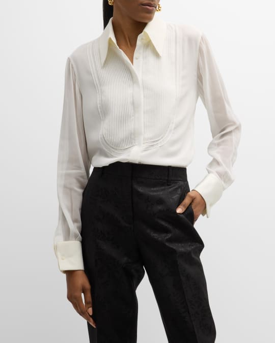 Lafayette 148 New York Pintuck Bib Button-Down Silk Blouse | Neiman Marcus