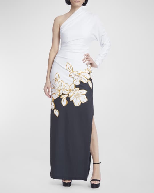 One33 Social One-Shoulder Colorblock Floral-Print Gown | Neiman Marcus