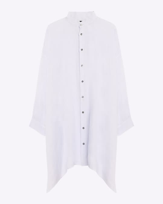 Eskandar Wide A-line Collarless Linen Shirt (Very Long Length) with ...