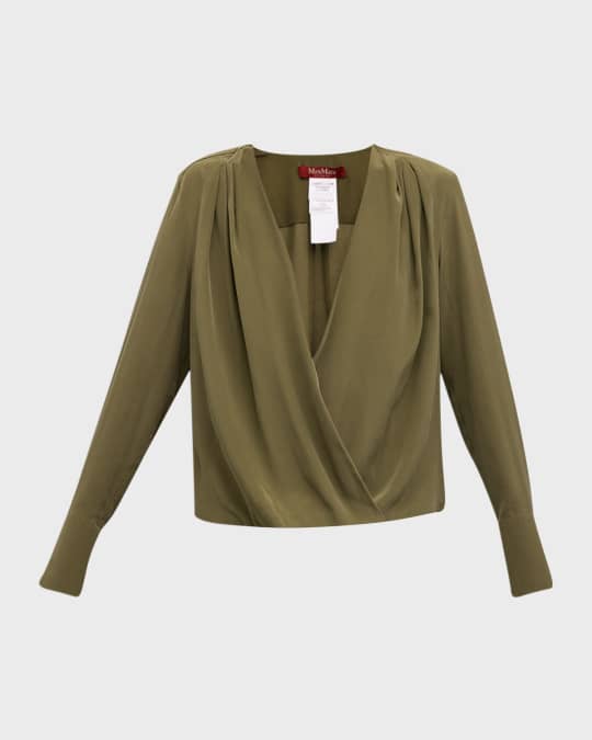 Max Mara Studio Barbara Draped Deep V-Neck Silk Blouse | Neiman Marcus