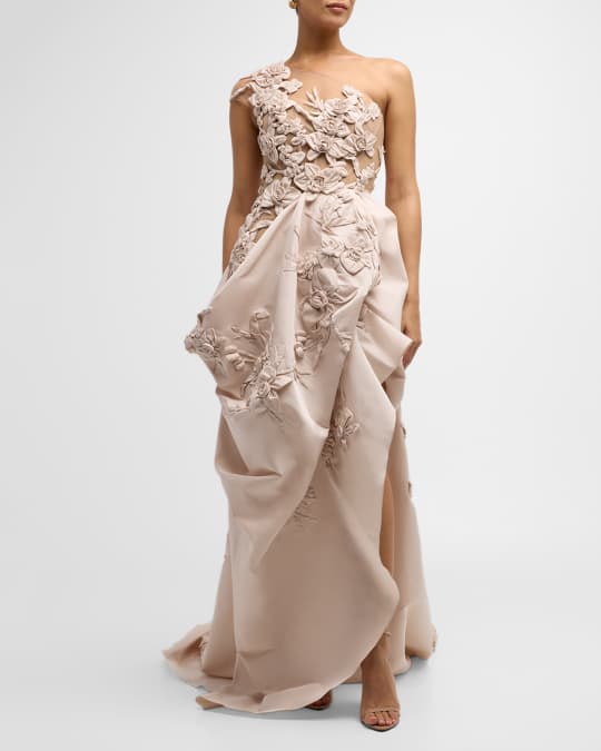 Marchesa One-Shoulder Illusion Gown with Exposed Hip Drape | Neiman Marcus