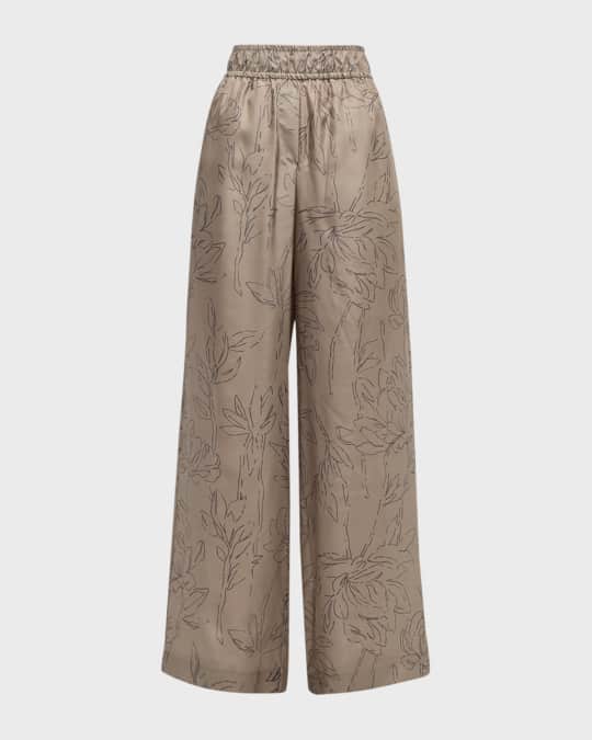 Brunello Cucinelli Magnolia Outline Printed Silk Pants | Neiman Marcus