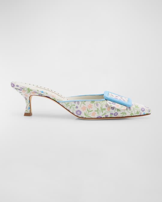 Manolo Blahnik Maysale Floral Silk Buckle Mules | Neiman Marcus