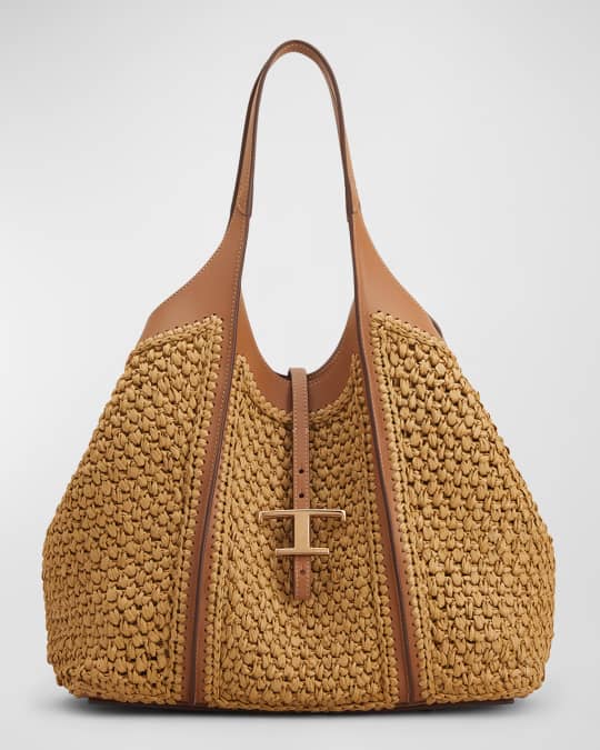 Tod's Medium Raffia T Timeless Tote Shopping Bag | Neiman Marcus