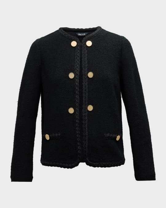 Misook Braided-Trim Button-Front Tweed Jacket | Neiman Marcus