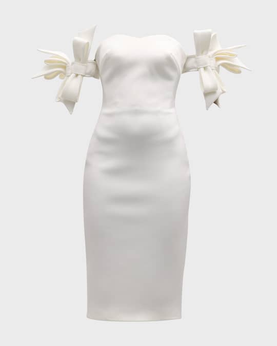 Jovani Off-Shoulder Bow-Embellished Midi Dress | Neiman Marcus