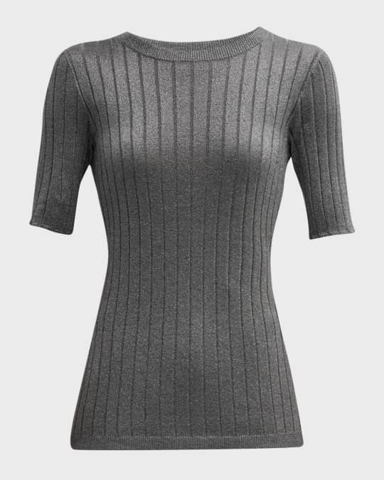 Brunello Cucinelli Metallic Silk Wide Ribbed Elbow-Sleeve Crewneck Top ...