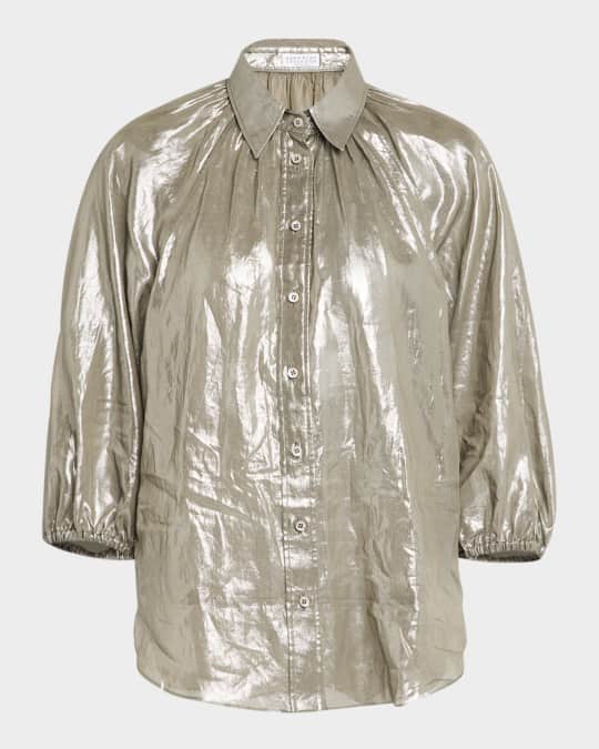 Brunello Cucinelli Metallic Cotton Gauze 3/4-Sleeve Blouse With Monili ...