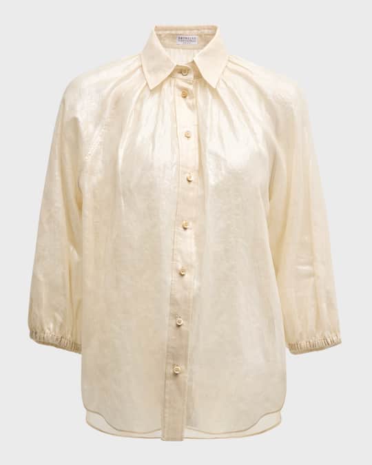 Brunello Cucinelli Metallic Cotton Gauze 3/4-Sleeve Blouse With Monili ...