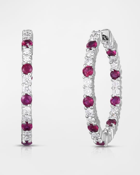 Roberto Coin 18K White Gold Ruby and Diamond Hoop Earrings, 35mm | Neiman Marcus