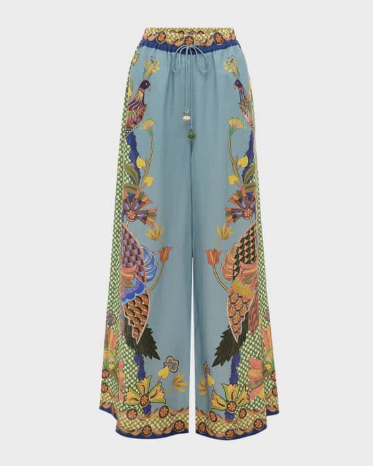 ALEMAIS Gilly Bird-Print Wide-Leg Linen Pants | Neiman Marcus