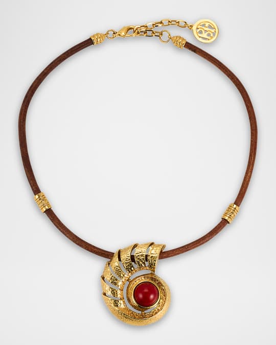 Ben-Amun Coral Shell Pendant Necklace on Leather Cord | Neiman Marcus