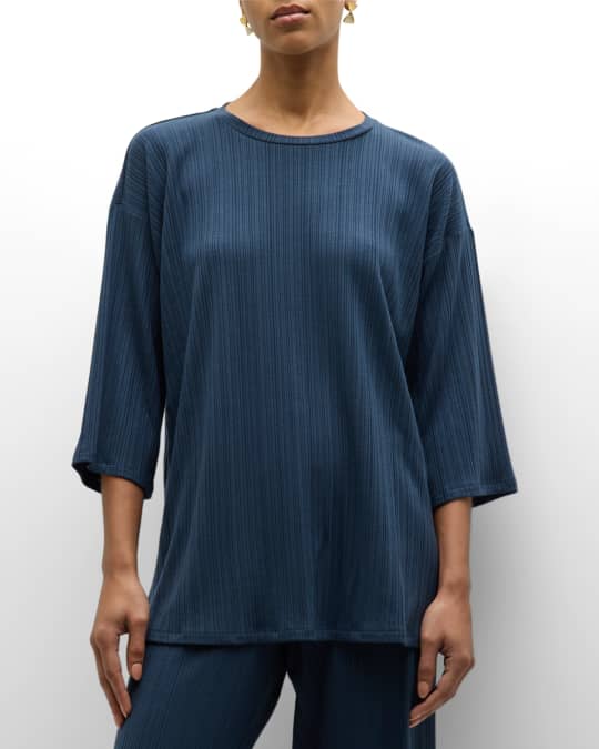 Eileen Fisher Ribbed 3/4-Sleeve Side-Slit Tunic | Neiman Marcus