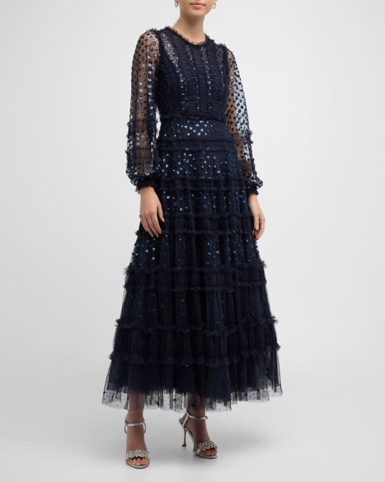 Needle & Thread Dot Tiered Ruffle-Trim Sequin Gown | Neiman Marcus