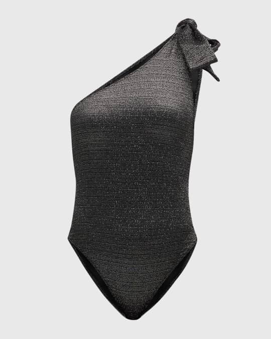 Lisa Marie Fernandez Metallic One-Shoulder Bow One-Piece Swimsuit ...