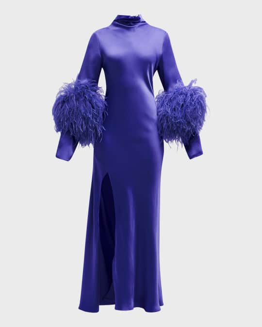 Lapointe Feather Trim Mock Neck Long Sleeve Slit Satin Bias Gown