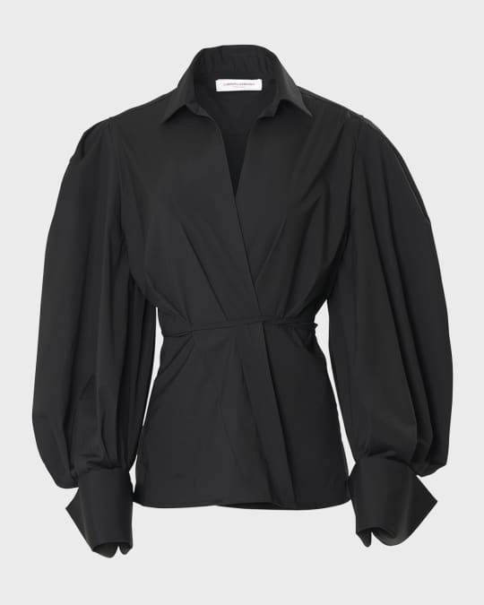 Carolina Herrera Collared Puff-Sleeve French-Cuff Wrap Top | Neiman Marcus