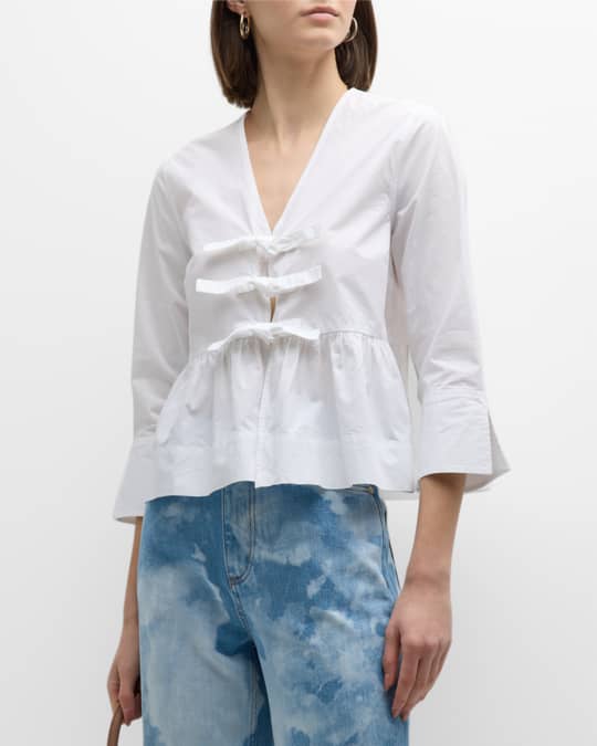 Ganni Tie-Front Cotton Poplin Blouse | Neiman Marcus