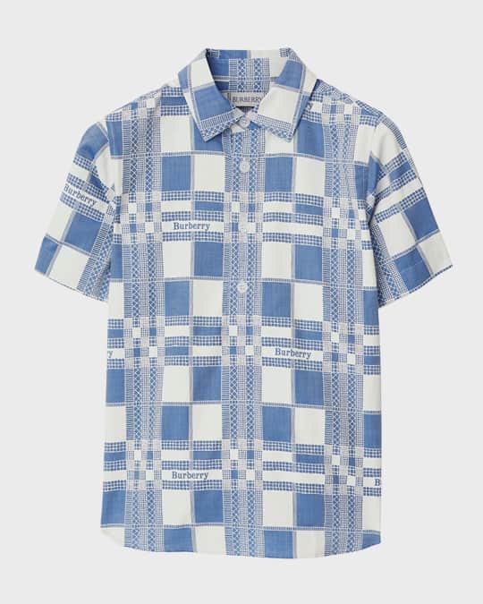 Burberry Boy's Ramon Logo Windowpane-Print Short-Sleeve Shirt, Size 3-14 | Neiman Marcus
