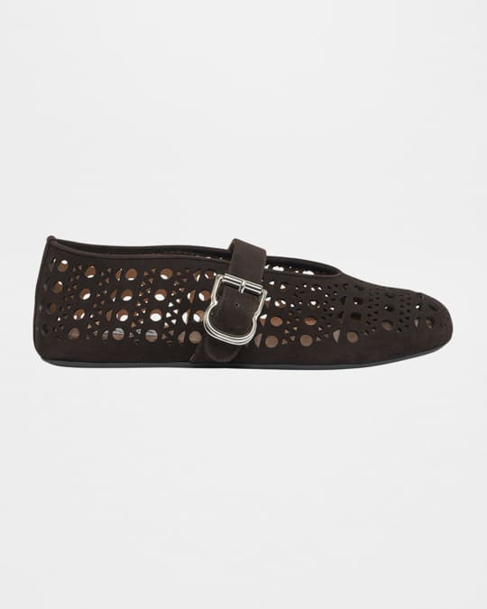 ALAIA Vienne Perforated Suede Buckle Ballerina Flats | Neiman Marcus