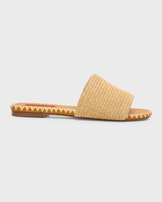 SIMONMILLER Salerno Raffia Flat Slide Sandals | Neiman Marcus