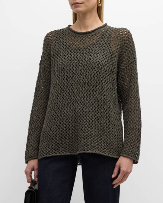 Eileen Fisher Crewneck Open-Stitch Boucle Pullover | Neiman Marcus