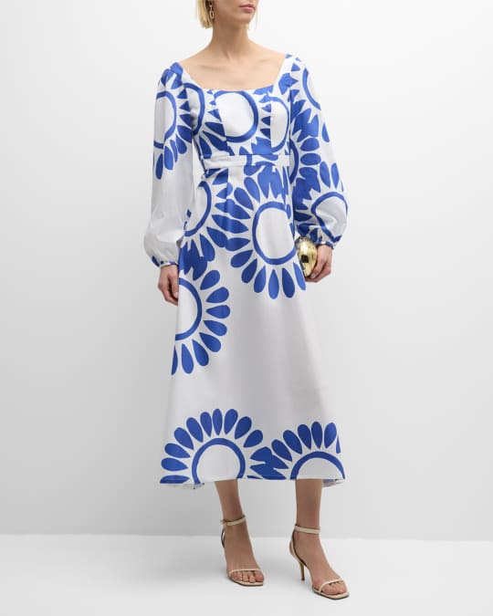 THEMIS Z Ino Floral-Print Blouson-Sleeve Midi Dress | Neiman Marcus