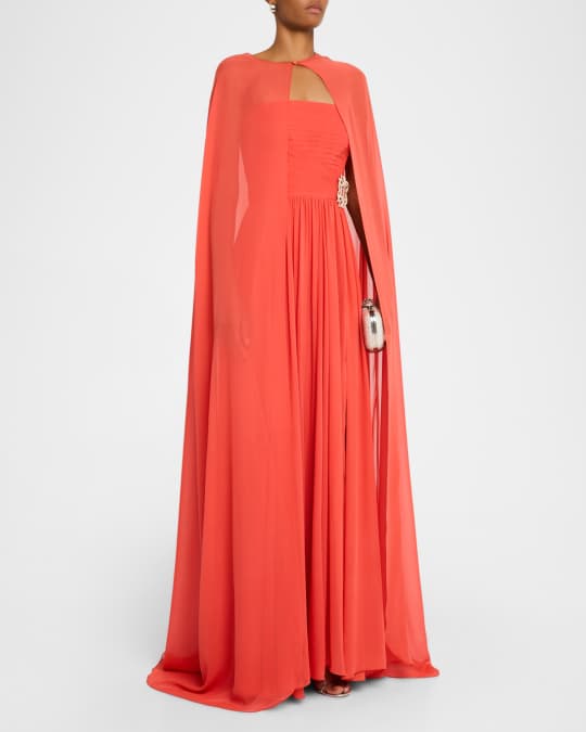Elie Saab Strapless Silk Maxi Dress With Cape | Neiman Marcus