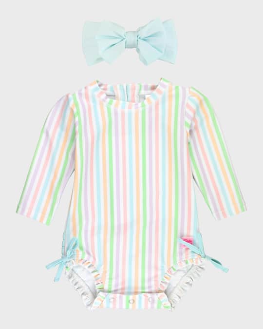 RuffleButts Girl's Pale Rainbow Stripe One-Piece Swimsuit and Bow Set ...