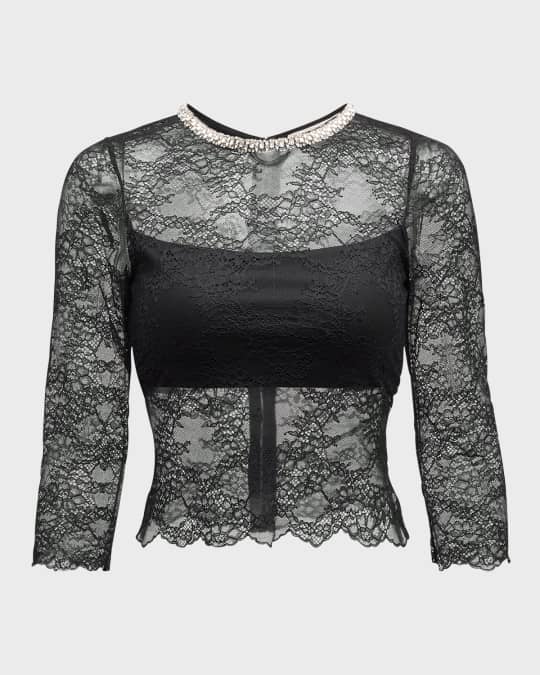 Alice + Olivia Vanita Crystal Lace Crop Top | Neiman Marcus