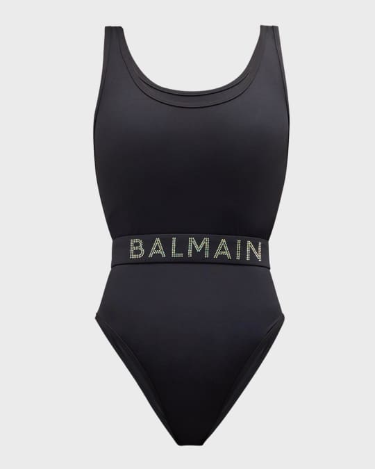 Balmain Crystal Logo Belted One-Piece Swimsuit | Neiman Marcus