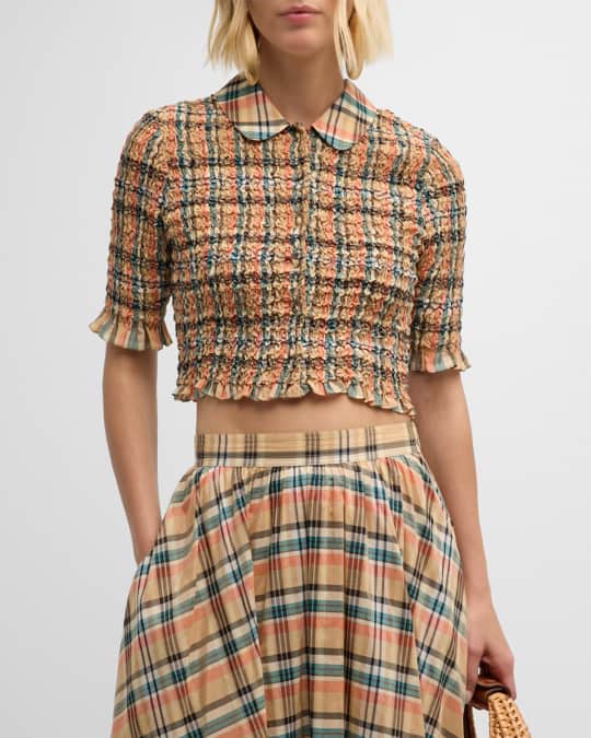 Ulla Johnson Jules Smocked Silk Cotton Collared Crop Top | Neiman Marcus