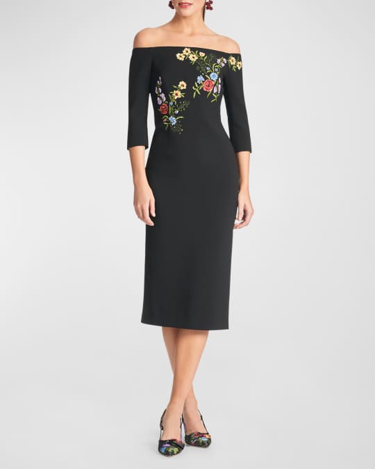 Sachin & Babi Fatima Off-Shoulder Embroidered Midi Dress | Neiman Marcus