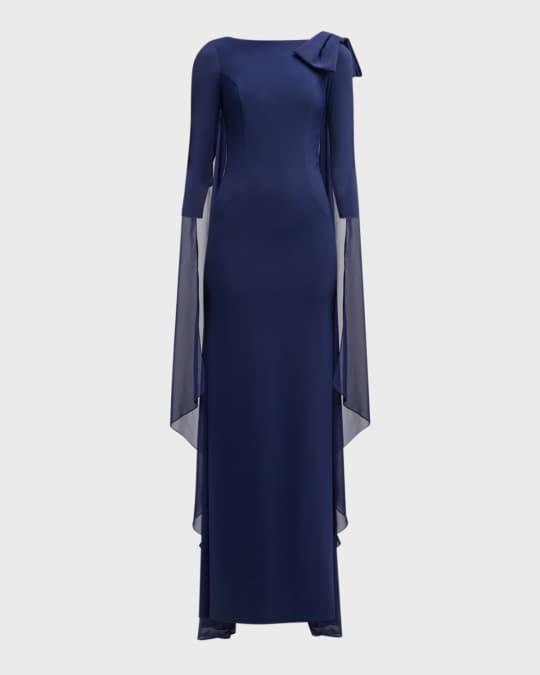 Rickie Freeman for Teri Jon Bateau-Neck Column Cape Gown | Neiman Marcus