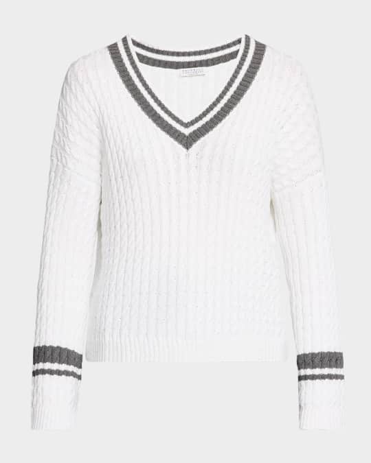 Brunello Cucinelli Tennis Stripe Diamante Cable-Knit Sweater | Neiman ...