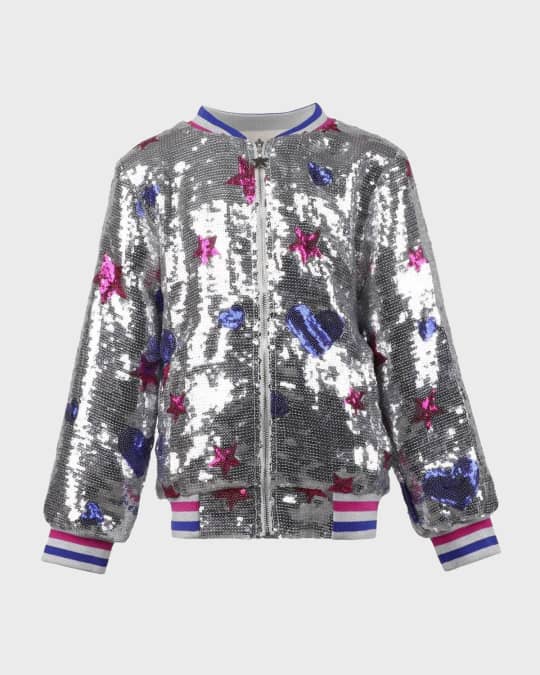 Lola + The Boys Girl's Silver Sequin Star Bomber Jacket, Size 2-14 | Neiman Marcus