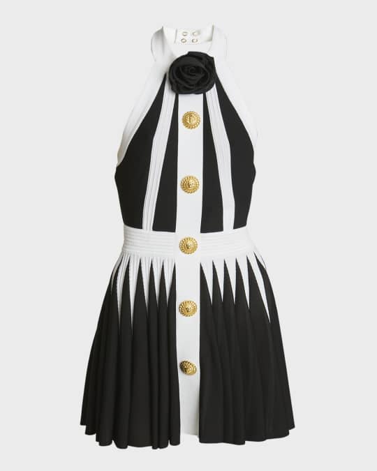 Balmain Halter Buttoned Rose Knit Mini Dress | Neiman Marcus