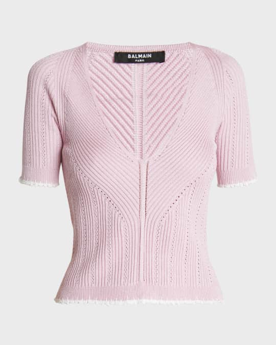 Balmain V-Neck Short-Sleeve Pointelle Knit Top | Neiman Marcus