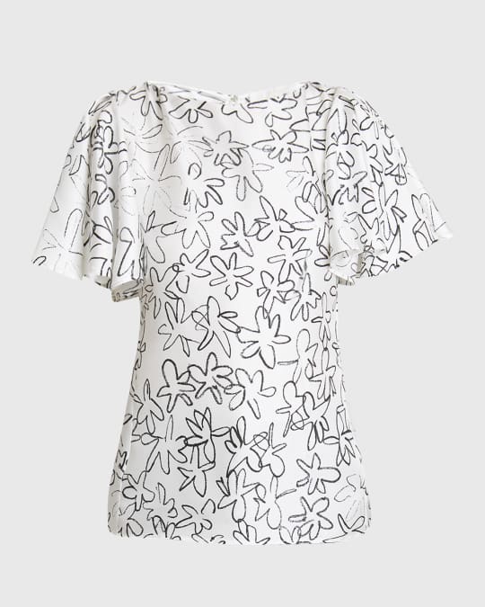 Chloe Doodle Floral Flutter-Sleeve Silk Top | Neiman Marcus