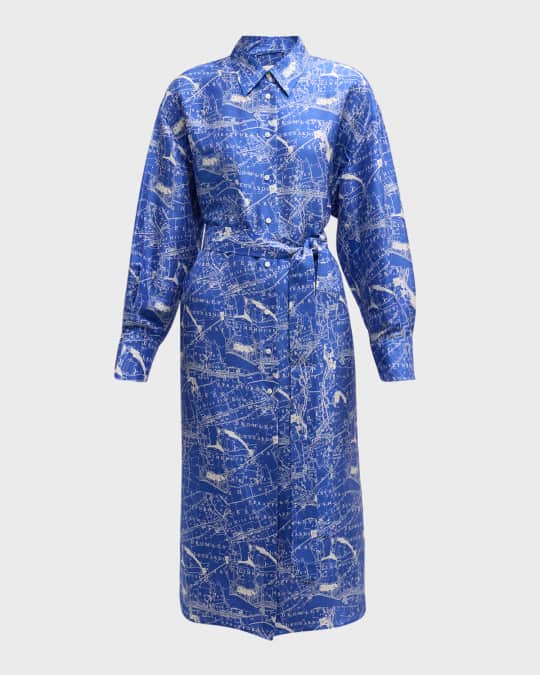 Oroton Map-Print Silk Midi Shirtdress | Neiman Marcus
