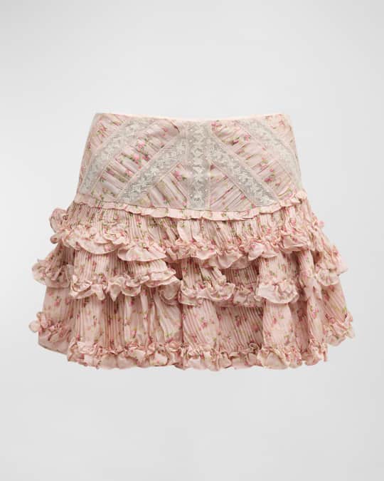 LoveShackFancy Robeina Floral Tiered Ruffle Mini Skirt | Neiman Marcus