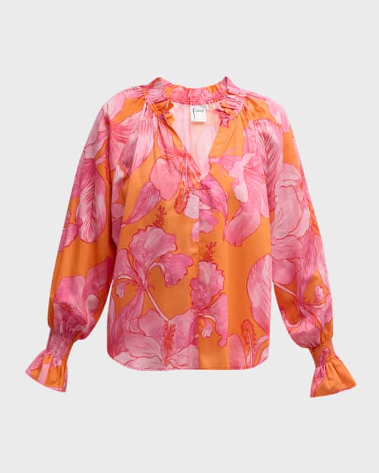 Finley Candance Floral-Print Blouson-Sleeve Cotton Top | Neiman Marcus