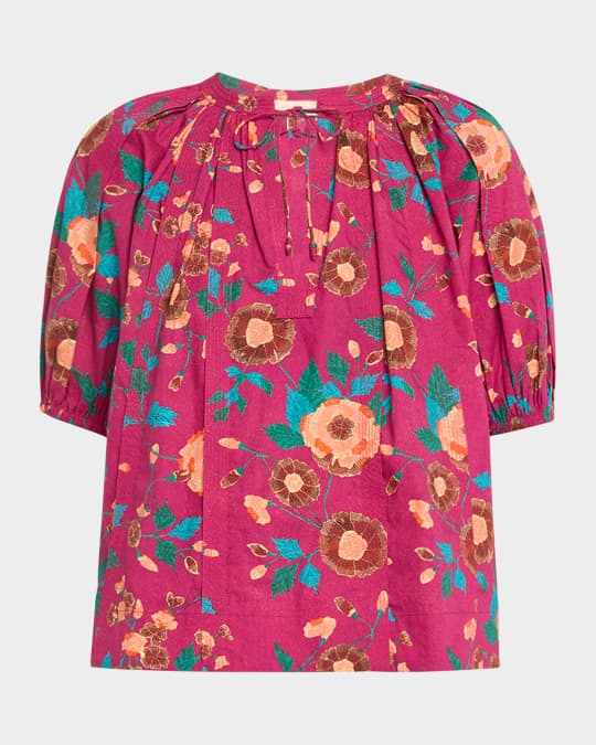 Ulla Johnson Loli Puff-Sleeve Floral Jacquard Poplin Top | Neiman Marcus