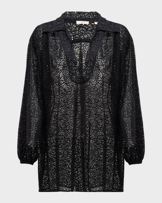 BITE Studios Nuancer Summer Long-Sleeve Collared Lace Blouse | Neiman Marcus