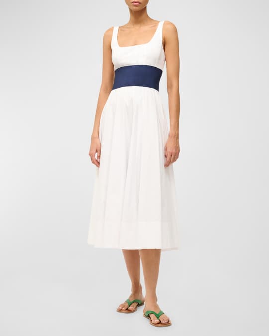 STAUD Rig Cinched Cotton Poplin Sleeveless Midi Dress | Neiman Marcus