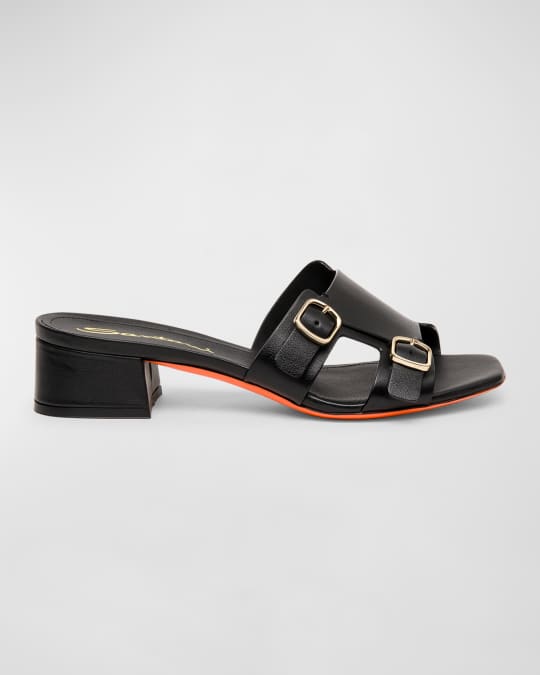 Santoni Calyps Leather Double Monk Mule Sandals | Neiman Marcus