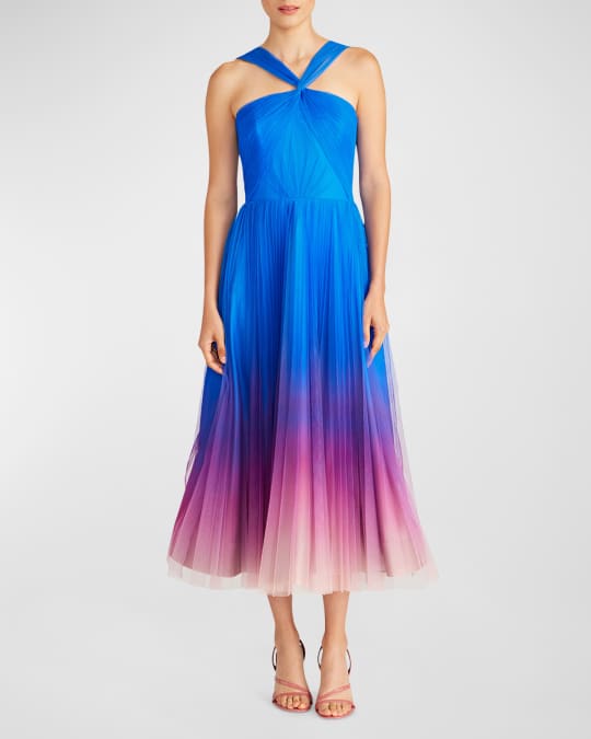 Theia Wanda Ombre Pleated Tulle Halter Midi Dress | Neiman Marcus